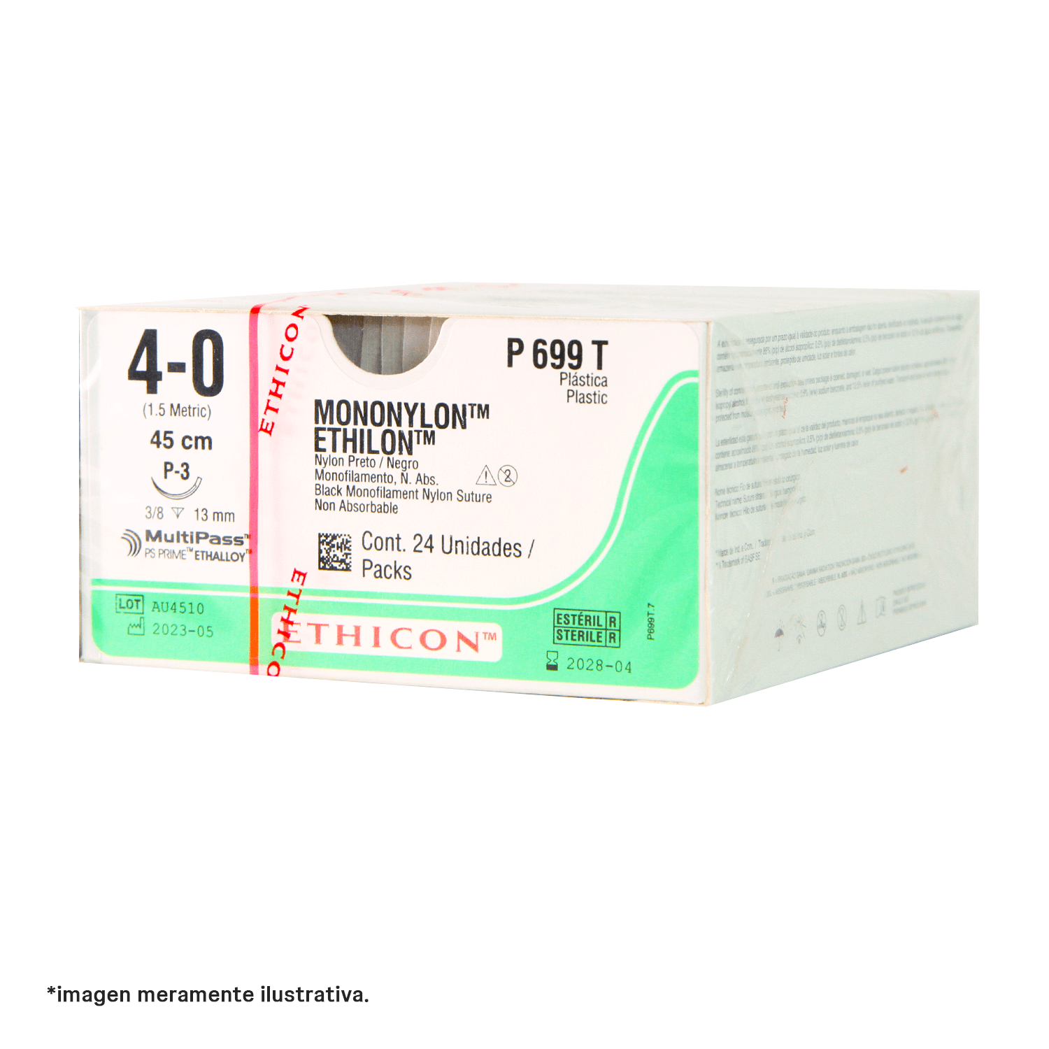Sutura ETHILON® Nylon quirúrgico (Negra 4-0 45cm Ag. 3/8 13mm (P3))