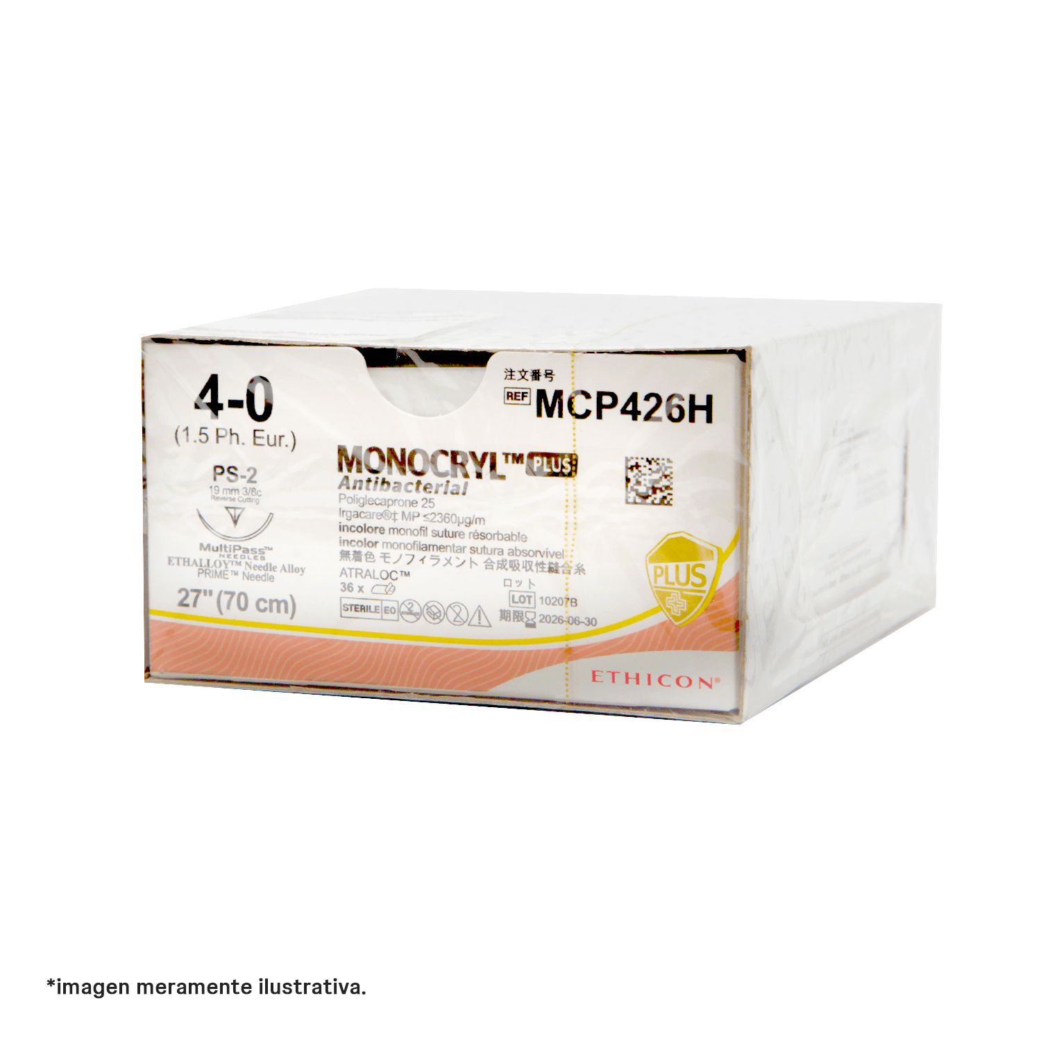 Sutura MONOCRYL™ Plus (Incoloro 4-0 70cm Ag.3/8 19mm (PS-2))