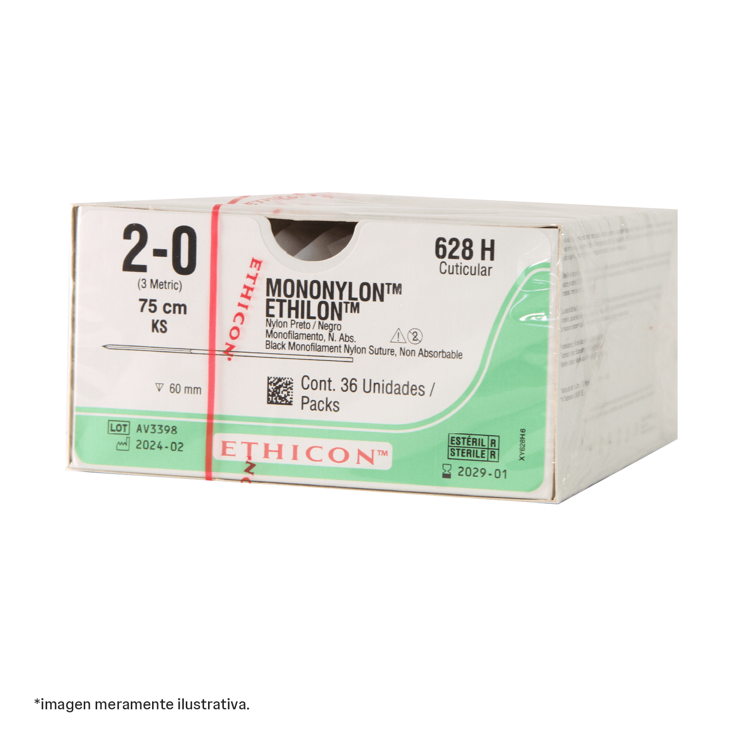 Sutura ETHILON® Nylon quirúrgico (Negra 2-0 75cm Ag.RECTA 60mm (KS))
